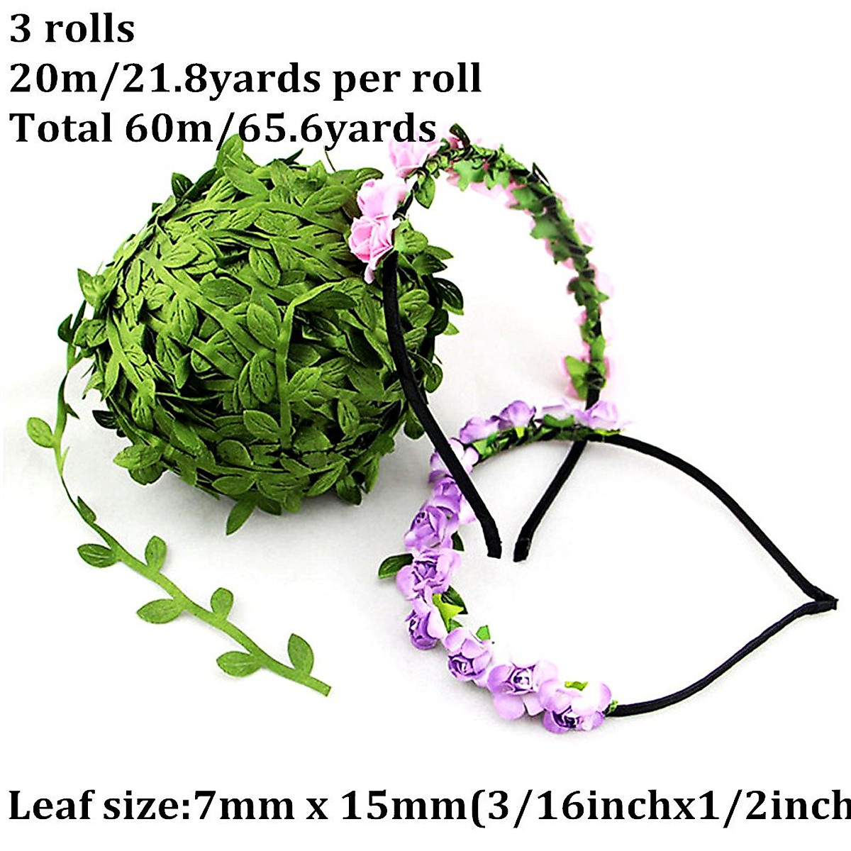 3 Rolls 22Yards Artificial Ivy Leaf Ribbon Fake Olive Green Vines Trim Jungle Garland with Sunflower Felt Applique for Rustic Wrapping Wedding Home Garden Decoration Craft Supplies