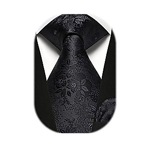 HISDERN Men Solid Black Floral Ties Woven Classic 3.4" Necktie Set Formal tie Pocket Suqare for Wedding Business with Handkerchief