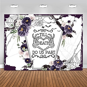 Mocsicka Till Death Do Us Part Backdrop Mr and Mrs Skull Halloween Wedding Party Decoration Flower Coffin Bachelorette Bridal Shower Engagement Party Banner (Purple, 7x5ft(82''x60''))