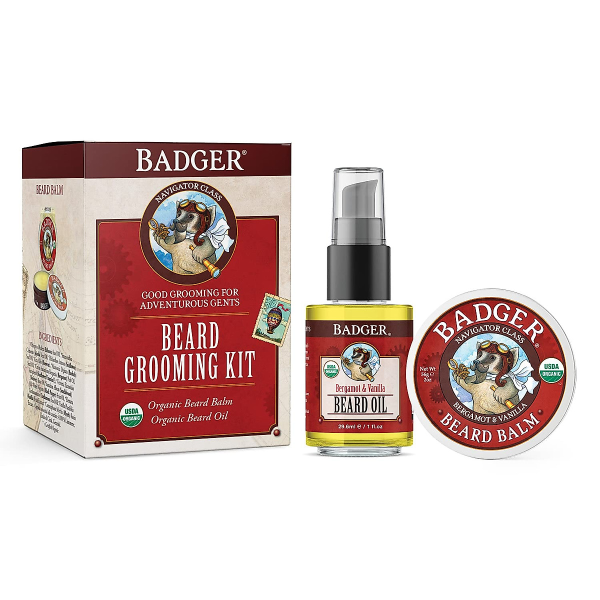 Badger Beard Grooming Kit, Beard Oil & Beard Balm, Babassu & Jojoba, Certified Organic, Facial Hair Leave-in Conditioner