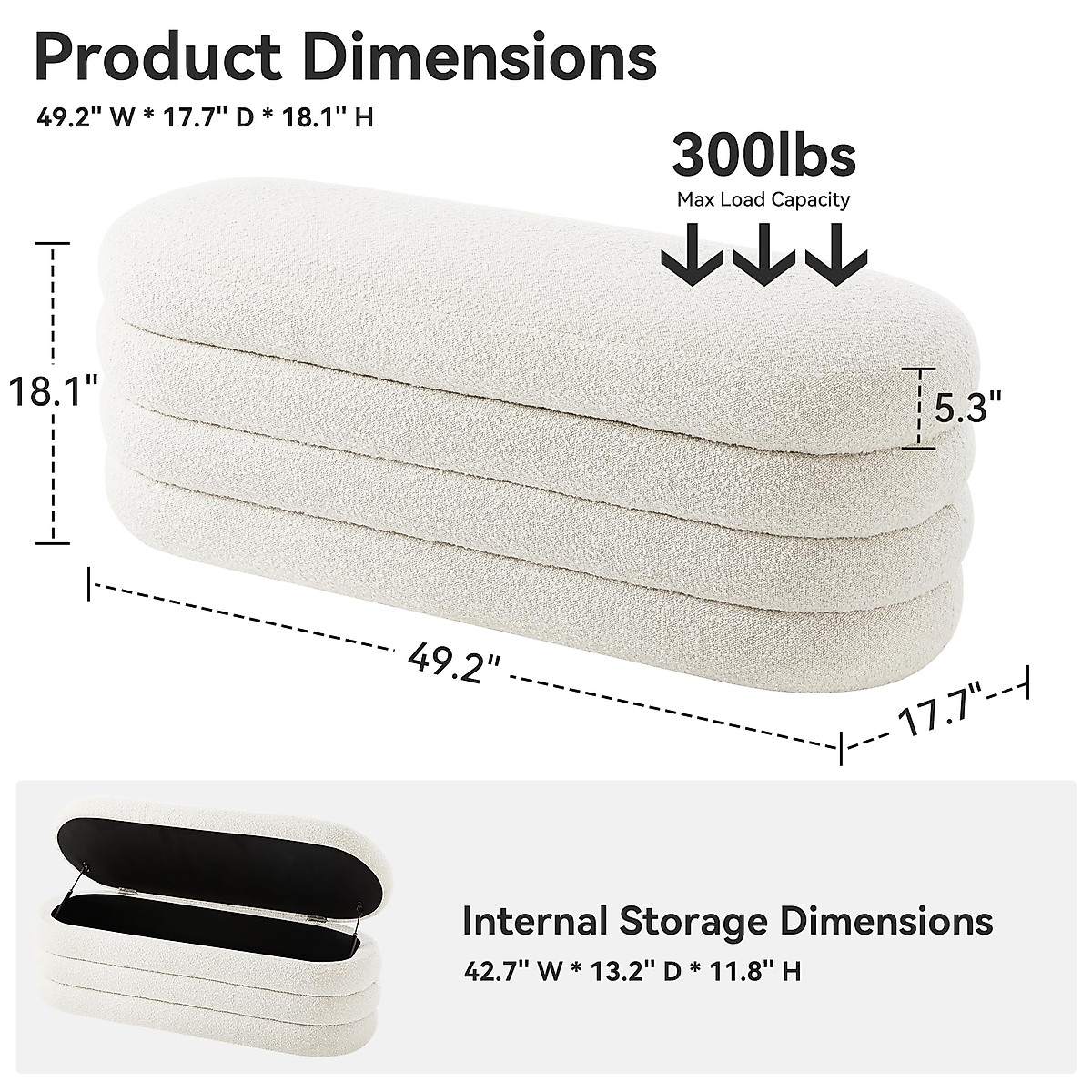 BFD Storage Ottoman Bench 49.2 Inch Upholstered Fabric End of Bed Storage Bench Aesthetic Large Foot of Bed Storage Bench for Bedroom Living Room Entryway (Ivory)