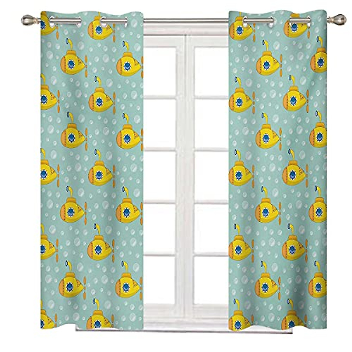 Seafoam and Earth Yellow Farmhouse Curtains 63 Inch Long Yellow Submarine Kids Bedroom Blackout Grommet Top Curtain Panels W72 x H63