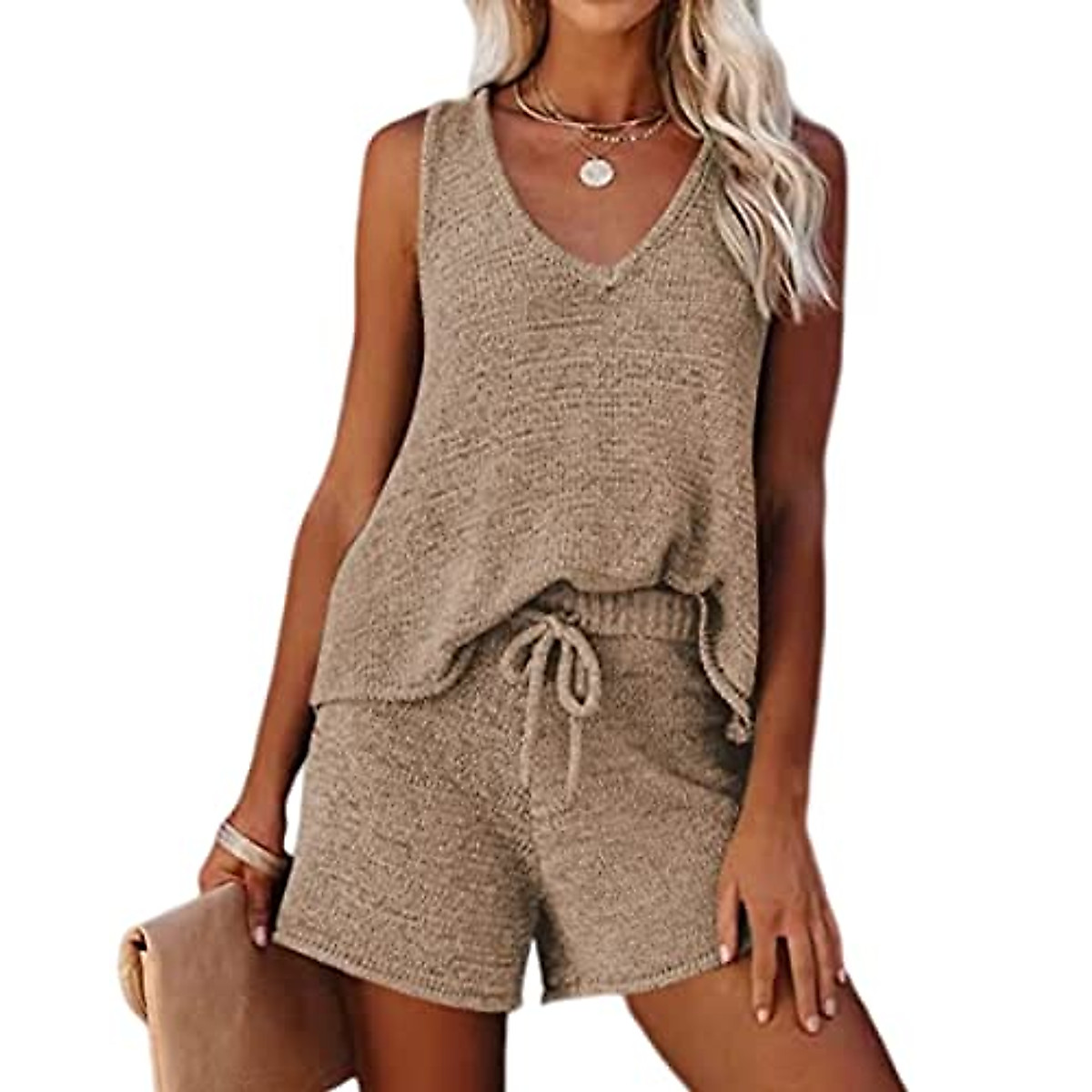 Ekouaer Womens Fashion Knit Pajama Set 2 Piece Outfits V-Neck Sleeveless Tank Top and Drawstring Shorts Lounge Set Tracksuit