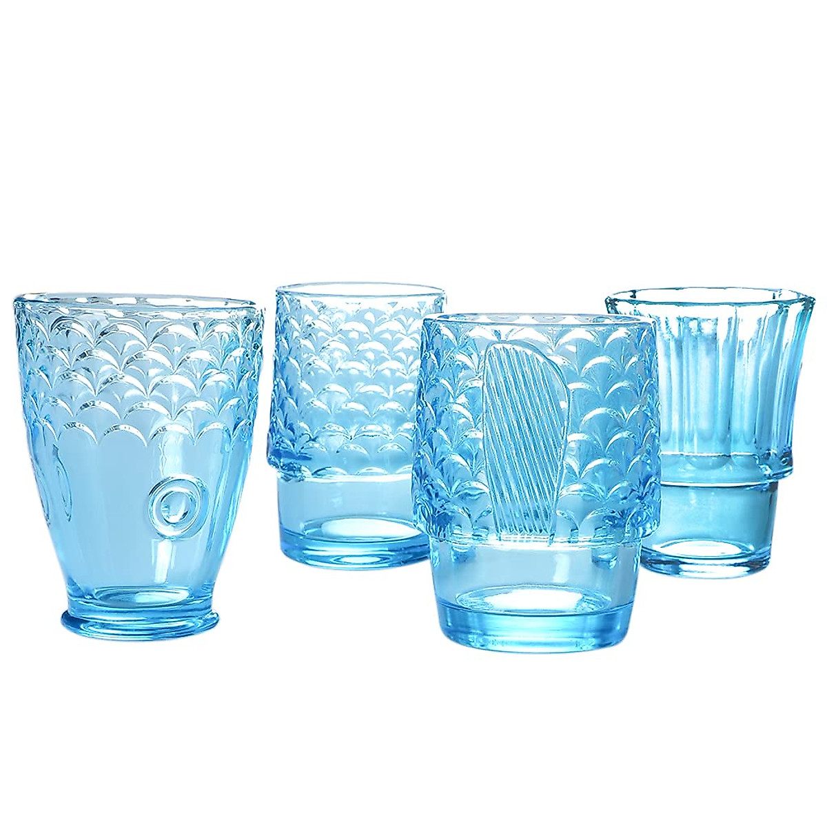 MDLUU Fish Design Tumbler Glasses, Stackable Drinking Glasses, Colored Glass Beverage Cups, Nautical Glassware for Gift, Set of 4 (Blue)