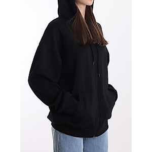TOMLALEL Women's Active Zip Up Hoodie, Oversized Loose Casual Jacket, Comfortable Long Sleeve with Pockets Zipper Drawstring (Medium, Oversized_Black)