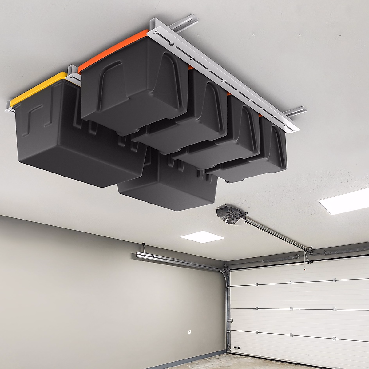 TORACK Garage Ceiling Bin Storage Rack, Overhead Tote Storage Rail System Heavy Duty Adjustable Tote Slide Garage Storage System(Black, Bins are not included)