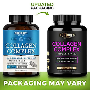 NURTURLY Multi Collagen Peptides Powder Capsules - Hydrolyzed Collagen Peptides Types (I, II, III, V & X) - Collagen Supplements for Joint Health, Anti-Aging, Hair, Skin & Nails - 120 Capsules