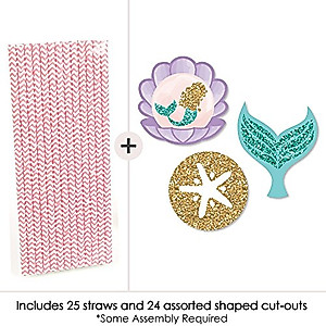 Let's Be Mermaids Paper Straw Decor - Baby Shower or Birthday Party Striped Decorative Straws - Set of 24