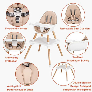 JOYMOR 5-in-1 Convertible Baby High Chair for Babies and Toddlers, Table and Chair Set, Wooden Infant Eating Highchair with Leather Seat Cushion, 4-Position Removeable & Adjustable Tray (Biege)