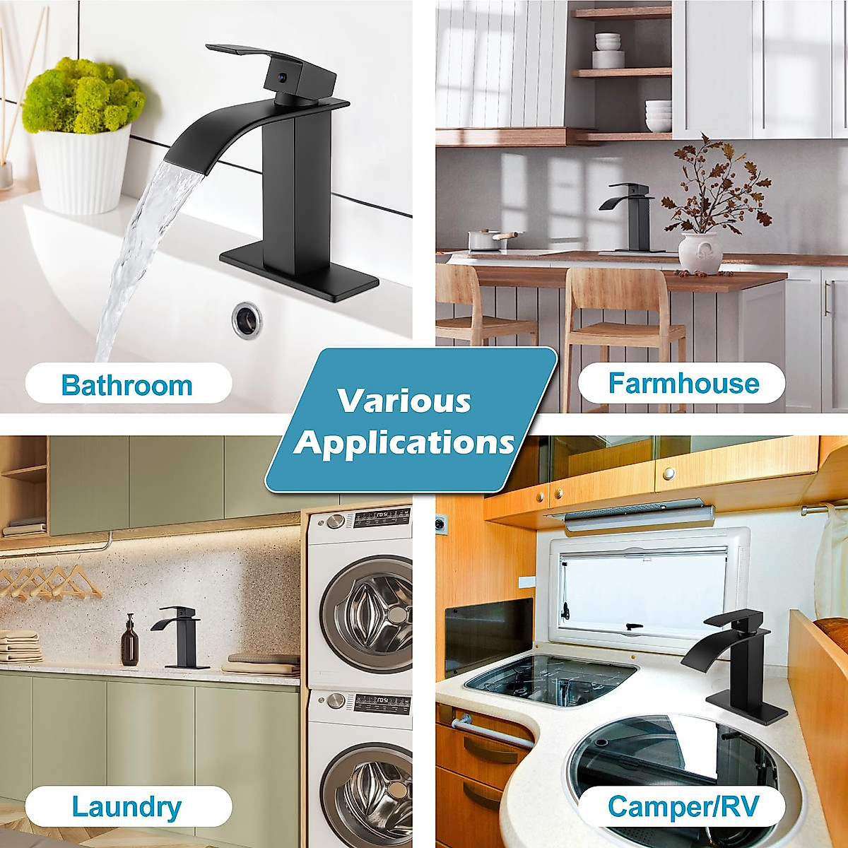 Midanya Waterfall Spout Bathroom Faucet Single Handle 1 Hole Bathroom Sink Faucet,Modern RV Lavatory Vanity Basin Faucet with 6 Inch Deck Plate for 1 or 3 Hole and Water Hose,Matte Black