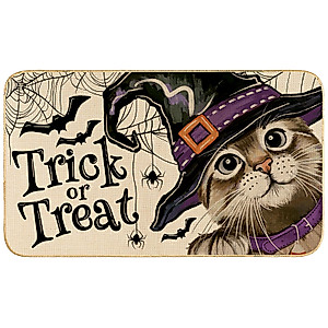 AnyDesign Halloween Cat Welcome Doormat Trick or Treat Party Front Door Mat Rustic Non-Slip Door Rugs Indoor Outdoor Carpet Floor Mat for Farmhouse Home Office Yard Garden Decor, 17 x 29 in