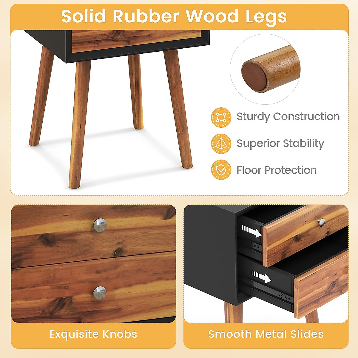 Giantex Nightstand with 2 Drawers Set of 2, Mid Century Modern Bedside Table with Solid Wood Legs, Practical End Side Table for Living Room Bedroom Small Space, Night Stand, Black & Walnut