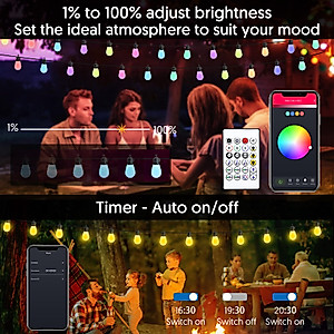 Solar Outdoor Lights Waterproof RGB, 48Ft App& Remote Control Solar Powered String Patio lights with 25 Plastic LED Edison Bulbs, Color Changing Dimmable Music Hanging Lights for Porch Balcony Camping