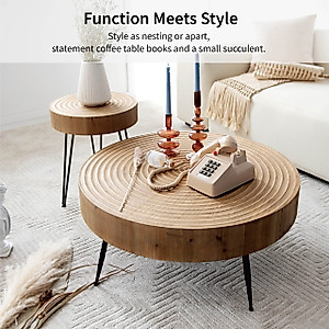 LONYKE 2-Piece Boho Farmhouse Living Room Coffee Table Set, Nesting Table Round Natural Finish with Handcrafted Wood Ring Motif, French Country Decor, Round