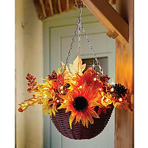 ELFENGARDEN Sunflower Hanging Basket Decorative Indoor Outdoor - Basket with Artificial Daisy Hanging Plant for Living Room Home Office Garden - 10 LEDs Light Up Autumn Flower Hanging Basket