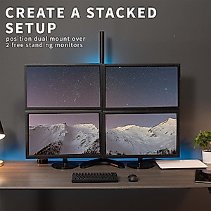 VIVO Dual 13 to 27 inch LED LCD Monitor Free-Standing Desk Stand, Holds 2 Screens, Heavy-Duty Fully Adjustable Arms with Max VESA 100x100mm, Extra Tall 40 inch Pole, Black, STAND-V012F