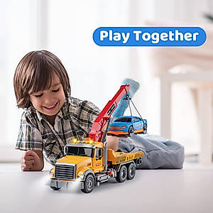 haomsj Big Tow Trucks Toy Trucks with Hook and Car for Boys Pull Back Truck Toys with Light and Sound for Kids (1:18 Plastic Tow Truck)