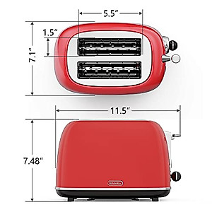 Toaster 2 slice,Retro Stainless Steel Toaster with 6 Settings, 1.5 In Extra Wide Slots, Bagel/Defrost/Cancel Function, Removable Crumb Tray (Red)