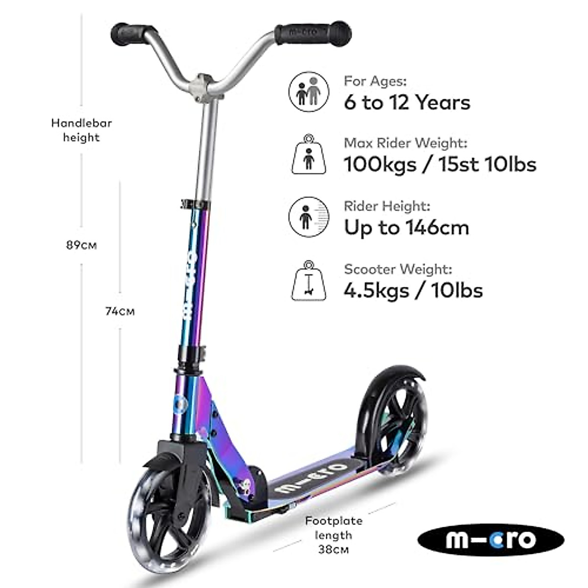 Micro Kickboard - Micro Cruiser LED Neochrome - Two Wheeled, Fold-to-Carry Swiss-Designed Micro Scooter for Kids with Smooth Glide Light-Up Large Wheels for Ages 6+