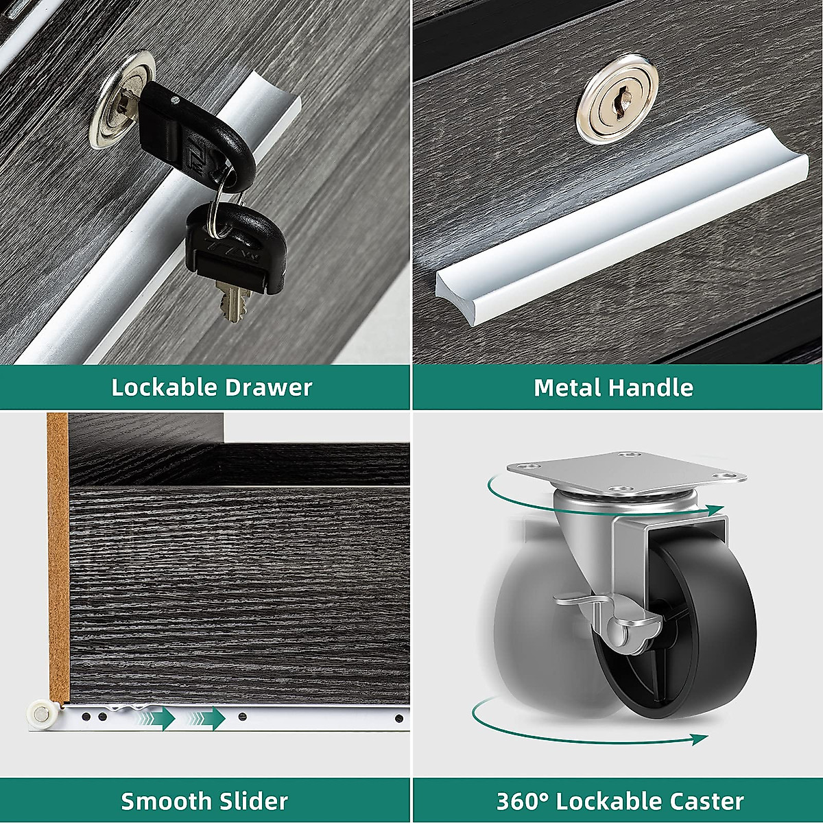 YITAHOME Wood File Cabinet, 3 Drawer Mobile Lateral Filing Cabinet, Storage Cabinet Printer Stand with 2 Open Shelves for Home Office Organization, Black and Grey