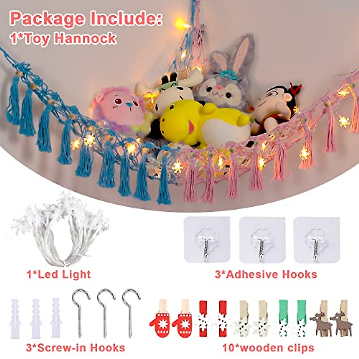 Stuffed Animal Net or Hammock with LED Light Stuff Toy Organizer Hanging Storage Net Handmade Boho Toys Storage Hammock Holder with Wood Beads for Children's Room Kindergarten Nursery (Blue and Pink)