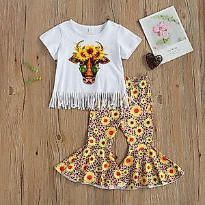 wdehow Toddler Baby Girl Clothes Set Long Sleeve Tassel T-Shirt Top Bottom Sunflower Flare Pants 2pcs Spring Summer Outfits (Yellow, 4-5T)
