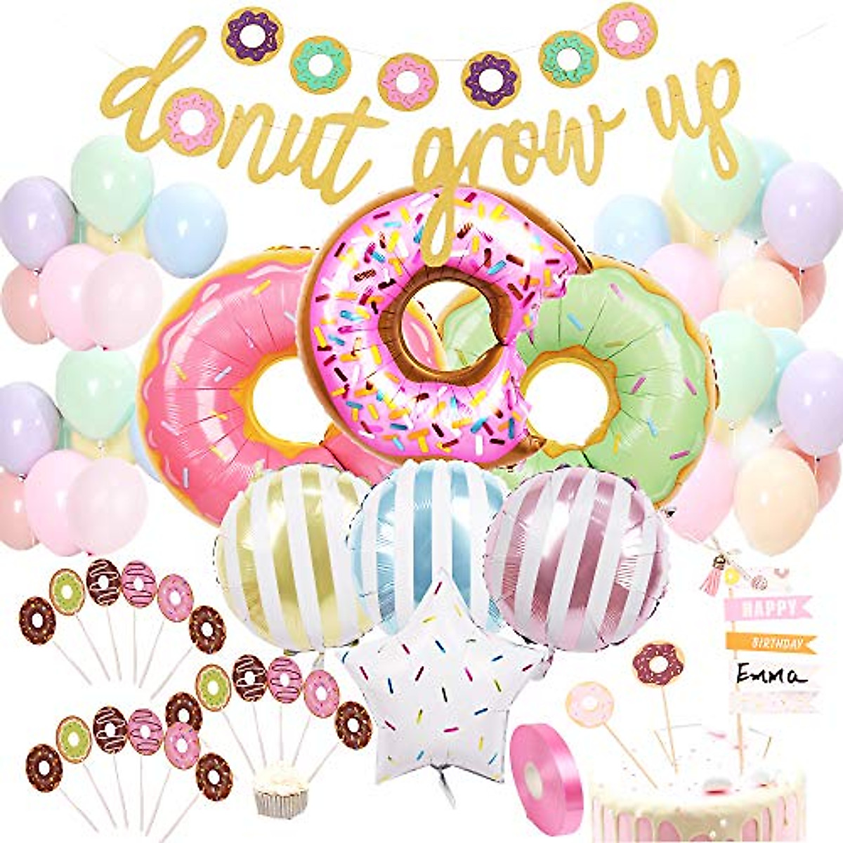 foci cozi,58PCS Donut Birthday Party Set Decorations Kit-Donut Grow Up Banner Mylar Foil,Latex Balloons Cupcake,Cake DIY Toppers for Donut Birthday Party Decorations.