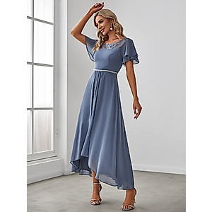 Ever-Pretty Women's Ruffles Sleeve High Low Lace Beaded Chiffon Midi Bridesmaid Gowns Wedding Guest Dress Dusty Blue US14