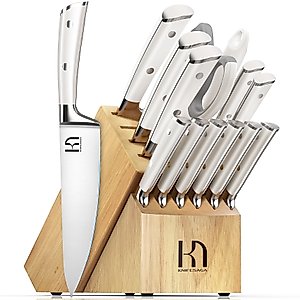 2024 Upgraded Knife Set Premium Japanese 15 Piece High Carbon Stainless Steel Kitchen Knife Block Sets with Sharpener, Razor Sharp Knives Set for Kitchen with Angled Natural Wood Knife Block