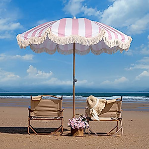 Funsite 6.5ft Boho Beach Umbrella with Fringe, UPF 50+ Tassel Umbrellas with Carry Bag, Premium Wood Pole Foldable Patio Umbrella for Outdoor Holiday Garden Lawn Pool Yard Table, Pink Stripe