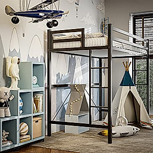 IKIFLY Metal Loft Bed Twin Size, Heavy Duty Junior Loft Bed Frame with 2 Ladders & Safety Guard Rail, Noise Free, Space-Saving, No Box Spring Needed - Black