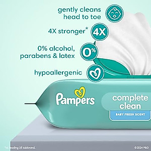 Pampers Baby Wipes, Complete Clean Baby Fresh Scented Wipe, Gently Cleans Head to Toe, 216 Total (3 Flip-Top Packs)
