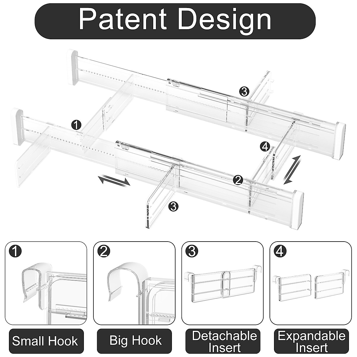 HiYZ Expandable Drawer Dividers with Inserts - 2.36'' High Adjustable Drawer Organizers Separators for Kitchen, Bedroom, Dresser, Office, 5 Long Dividers(12.6-22.8'') with 10 Inserts(3.9-7.1'')-Clear