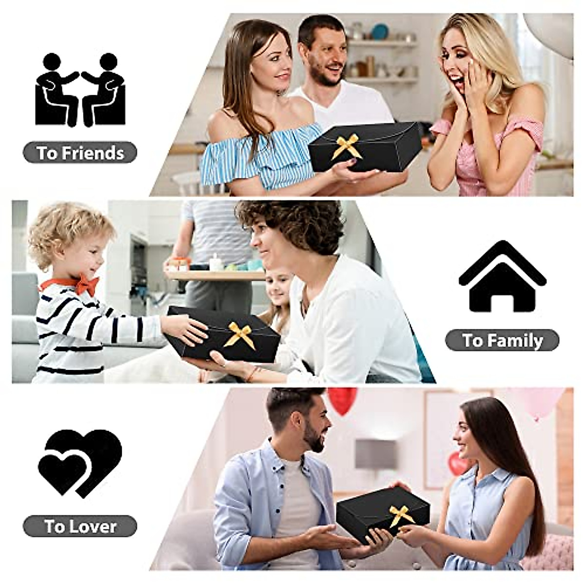 SWANGSA 16 Set Gift Boxes with Lids, 10.6''x8''x3'' Black Kraft Paper Gift Boxes For Presents, Bridesmaid Proposal Box with Ribbon and 70pcs Adhesive Dots,for Wedding, Packaging, Present, Birthday, Cupcake Boxes