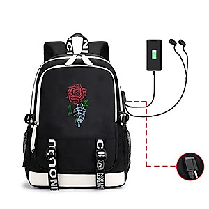 TwinYe Skeleton Hand White Red Rose Flower Backpack with USB Charging Port for Teen. (Red Rose), Black