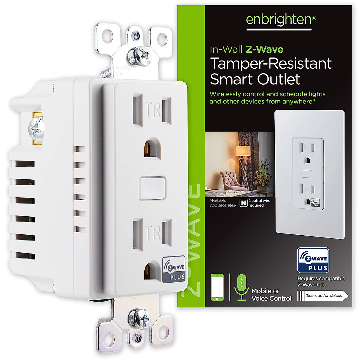 Enbrighten 55256 Z-Wave Plus Smart Receptacle, Works with Alexa, Google Assistant, Tamper-Resistant, 1 ZWave 1 Always On Outlet Hub Required, White