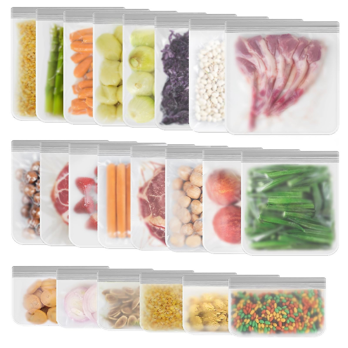 Rictine 22 Pack Reusable Gallon Freezer Bags - Dishwasher Safe, Leakproof, BPA Free Reusable Storage Bags for Lunch, Marinate Food, Travel - 8 Gallon, 8 Sandwich, 6 Snack Bags