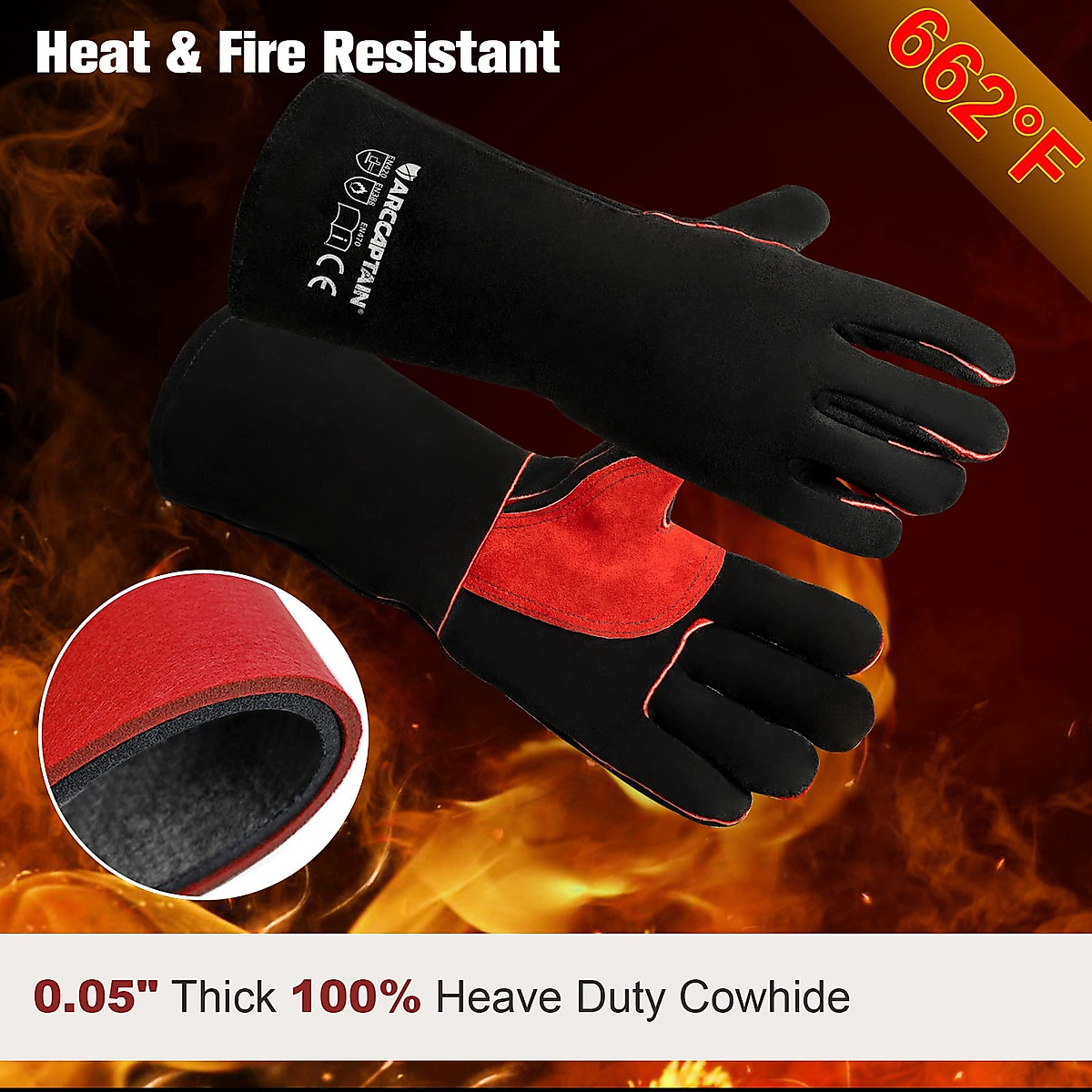ARCCAPTAIN Leather Forge Welding Gloves, Heat/Fire Resistant 16 inches Gloves for Stick,Mig,Tig,Forge,BBQ,Grill,Fireplace,Wood Stove,Furnace,Oven,Pot