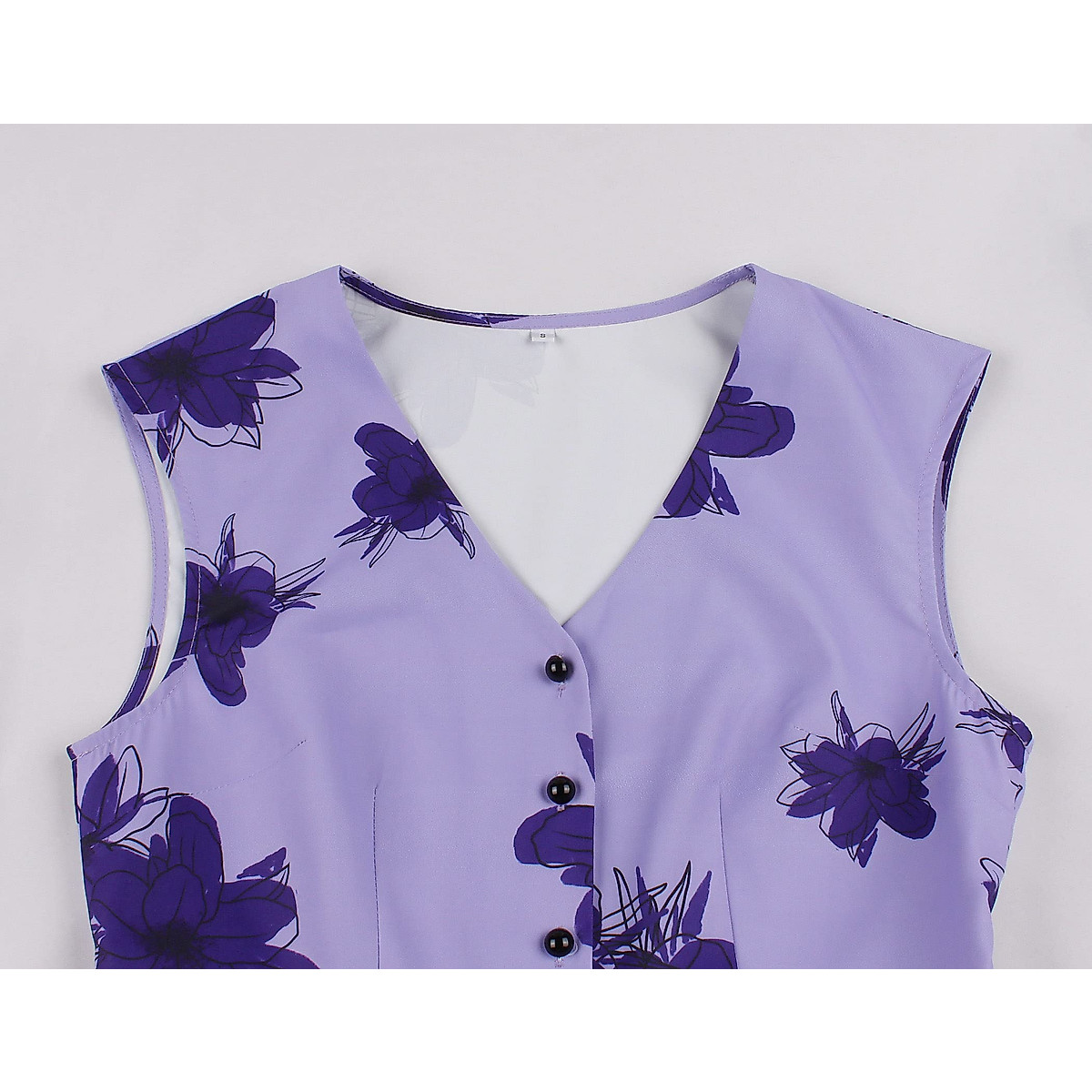 Wellwits Women's Big Floral Print V Neck Sleeveless Button Down Shirt Modest Tea Party Cocktail Formal Special Occasion 1950s Vintage Dress Purple M