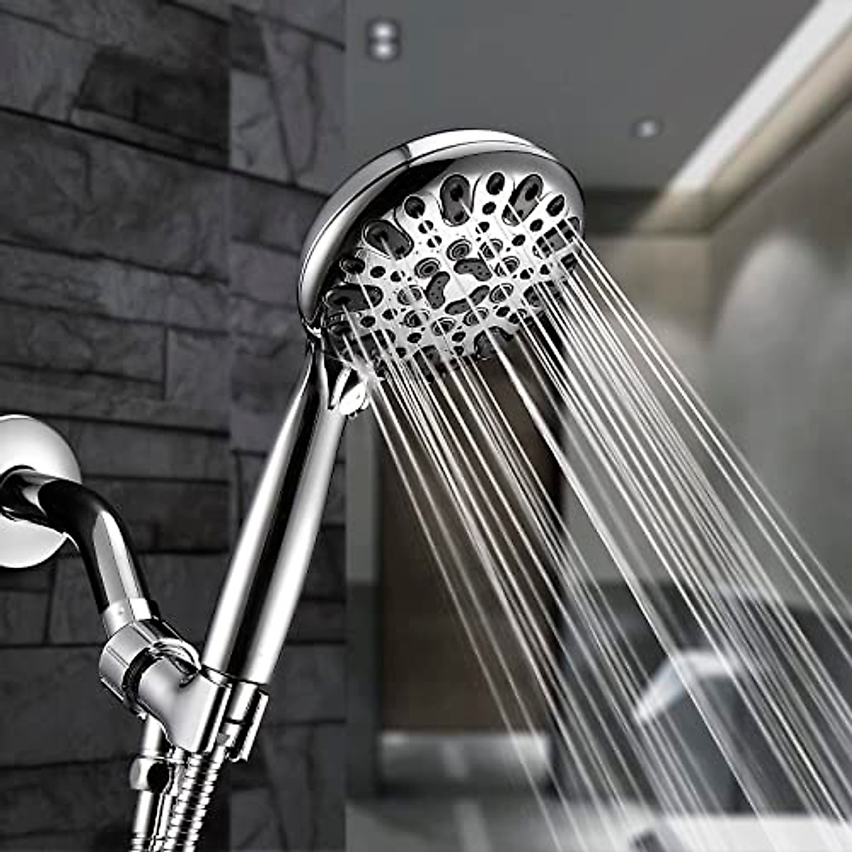 Handheld Shower Head, 6 Spray Setting High Pressure Shower Head with Brass Swivel Ball Bracket and Extra Long Stainless Steel Hose, Chrome, 5"