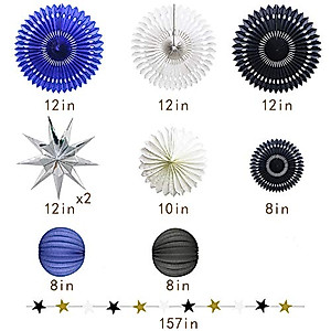 Hanging Party Decoration Supplies Set of Tissue Paper Fans Star Garland Paper Lanterns for Graduation Wedding Anniversary Birthday Backdrop Decoration (Navy Blue White Black)