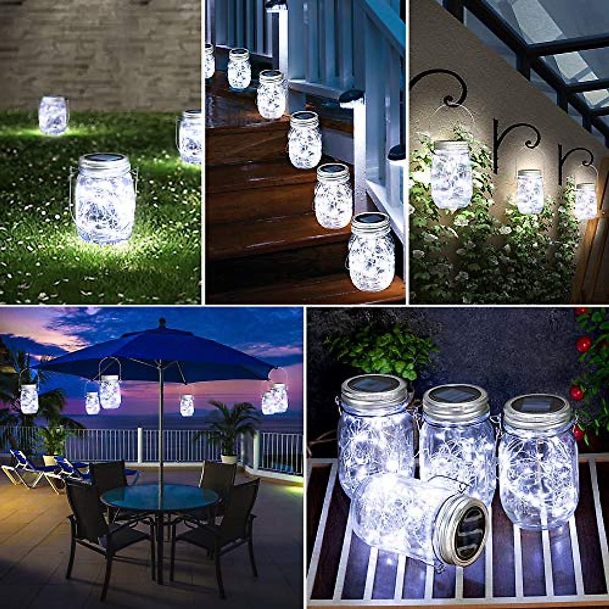 Nintiue Mason Jar Solar Lights, 6 Pack 30 LEDs Fairy Lights with Jars and Hangers, IPX6 Waterproof Hanging Solar Lights Outdoor, Decorative Solar Lanterns for Garden Fence Patio Wedding