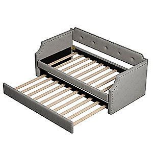 LCH Upholstered Twin Size Daybed with Trundle, Modern Sofa Bed w/Wood Slats Support, Perfect for Livingroom, Bedroom, No Box Spring Required, Grey