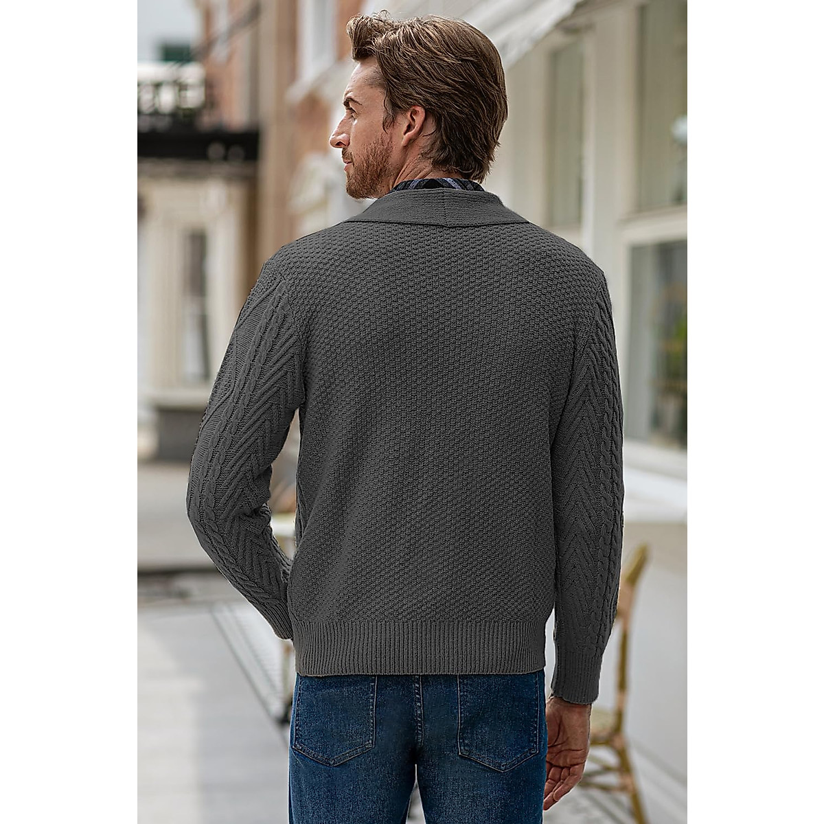 JMIERR Mens Cardigan Sweater Fall Casual Long Sleeve Shawl Collar Button-Up Cable Knit Sweaters with Pockets for Men,US 40(M),Dark Grey