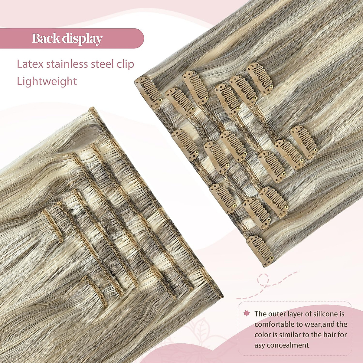 HUAYI Blonde Clip In Hair Extensions - Ash Blonde Mixed Bleach Blonde 70g 15 Inch, Real Human Hair Extensions for Women, Premium Quality Hair Extensions Real Human Hair for a Natural Look