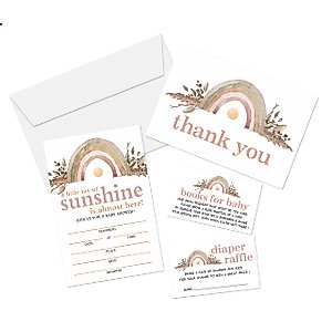 Rainbow Baby Shower Invitation Set, Books For Baby, Thank You, Diaper Raffle, Rainbow Fill In Invites Cards, Each Design 25 Cards & Envelopes (Total 100 Cards) – (bb001-taozhuang)