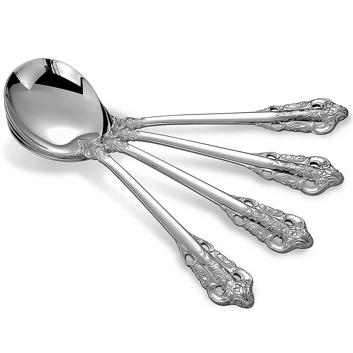 KEAWELL Gorgeous Round Soup Spoon, Set of 4, 18/10 Stainless Steel, Luxury Bouillon Spoon, Dishwasher Safe, Fine Mirror Polished (Silver)