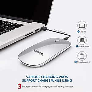 FENIFOX Bluetooth Mouse, Slim Mini Portable Flat Travel Wireless Mouse Rechargeable Quiet Ultra-Thin Mice Compatible with Laptop,Tablet,Notebook,PC (Silver and White)