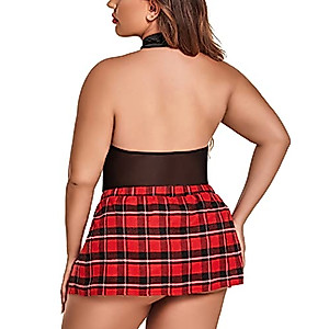 Avidlove Plus Size Lingerie for Women Sexy School Girl Cosplay Costumes Roleplay Outfits Red Plaid Christmas Lingerie