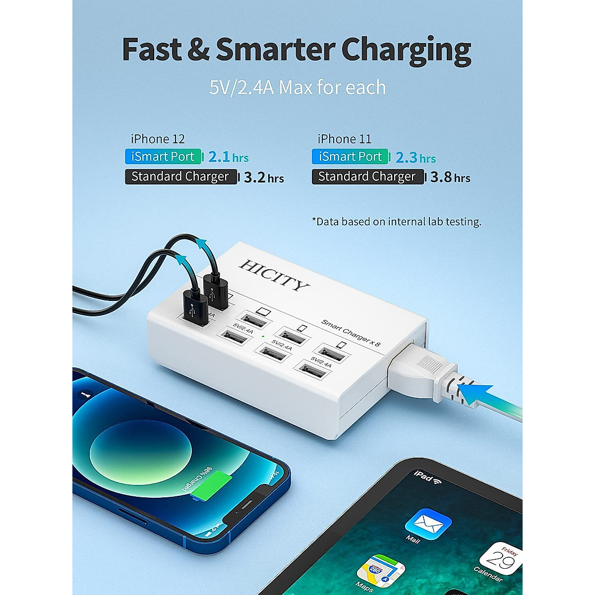 USB Charging Station, 8-Port USB Charger Hub 50W/10A Multi Port Charger for Phone iPad Tablet Multiple Devices (5ft Detachable Cord, White)